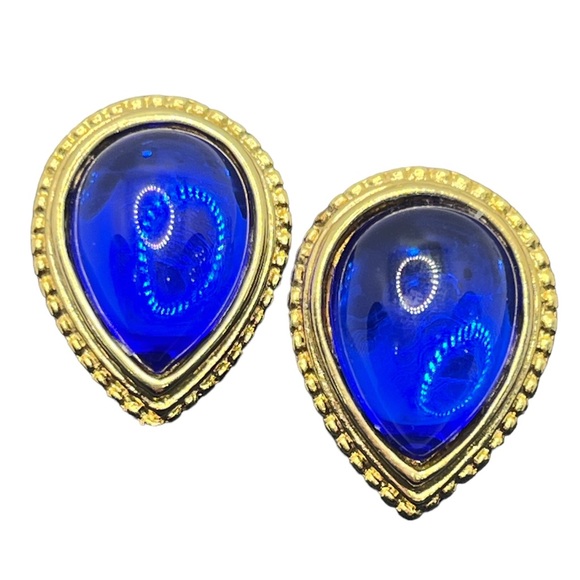 Jewelry | Vintage Gold Tone Cobalt Blue Cabochon Teardrop Clip On Earrings | Poshmark